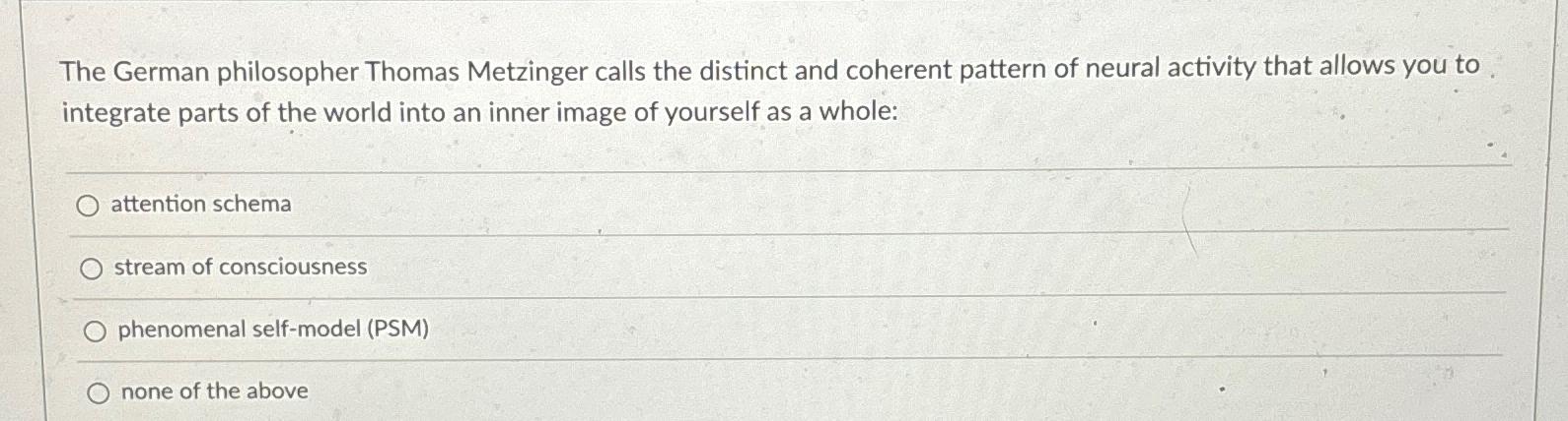 Solved The German philosopher Thomas Metzinger calls the | Chegg.com