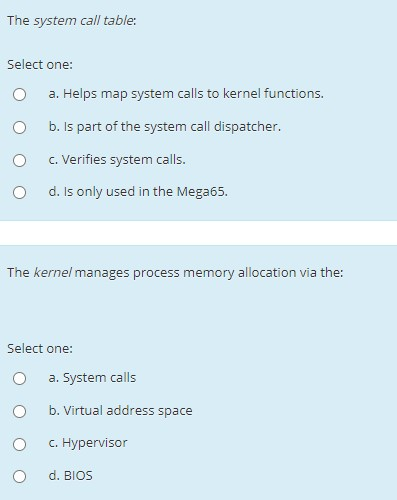 Solved The system call table: Select one: a. Helps map | Chegg.com