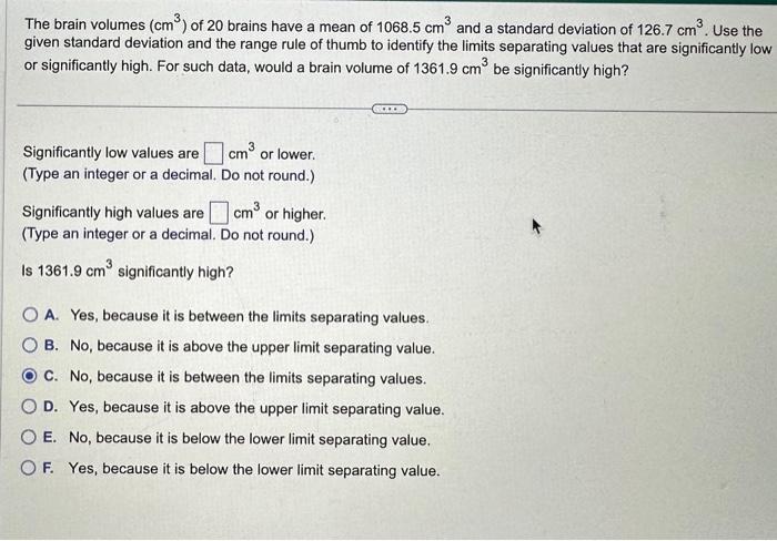 Solved The brain volumes (cm3) of 20 brains have a mean of | Chegg.com