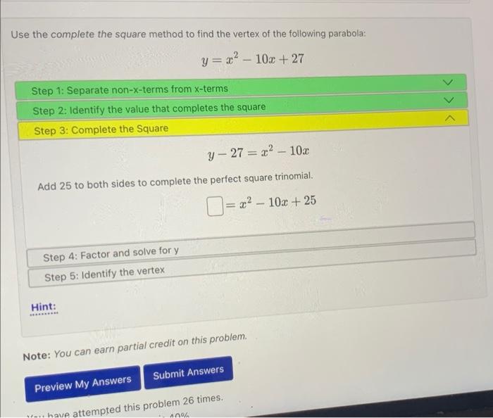 Solved Use the complete the square method to find the vertex | Chegg.com
