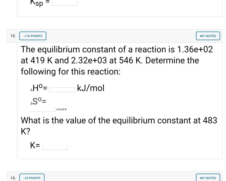 Solved Ksp - 12. - 10 POINTS MY NOTES The equilibrium | Chegg.com