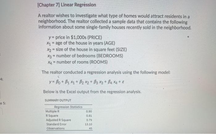Solved [Chapter 7] Linear Regression A realtor wishes to | Chegg.com