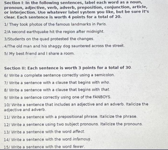 Section I: In the following sentences, label each | Chegg.com