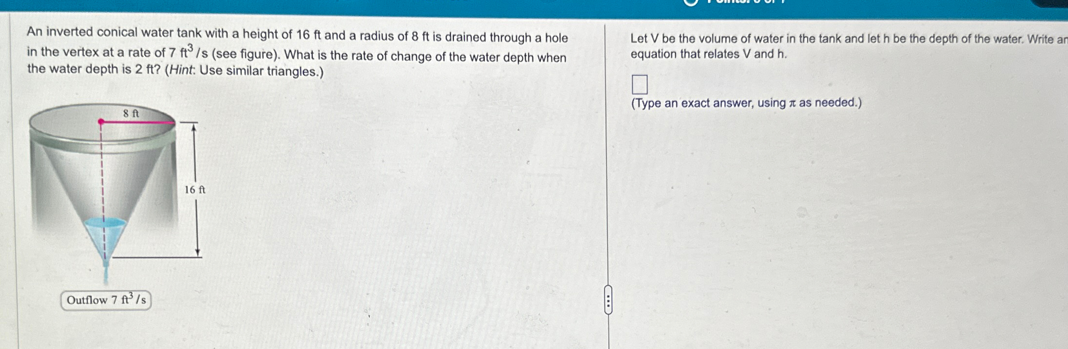Solved An inverted conical water tank with a height of 16ft | Chegg.com