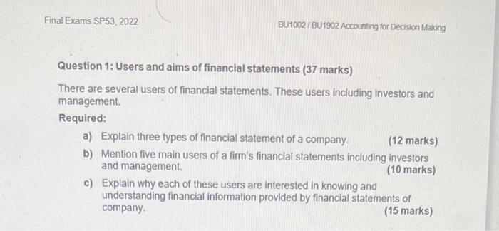 Solved Question 1: Users and aims of financial statements ( | Chegg.com