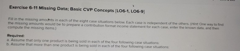 Solved Exercise 6-11 Missing Data; Basic CVP Concepts | Chegg.com