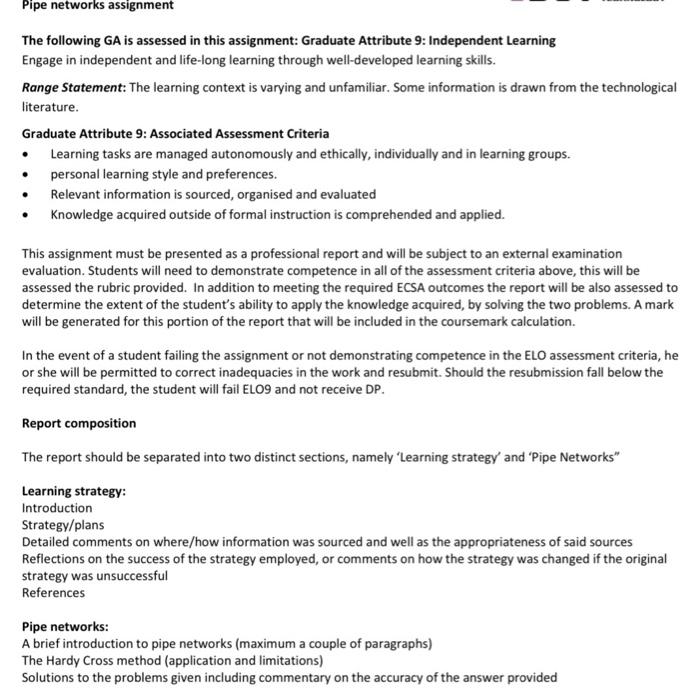 Pipe Networks Assignment The Following Ga Is Assessed 