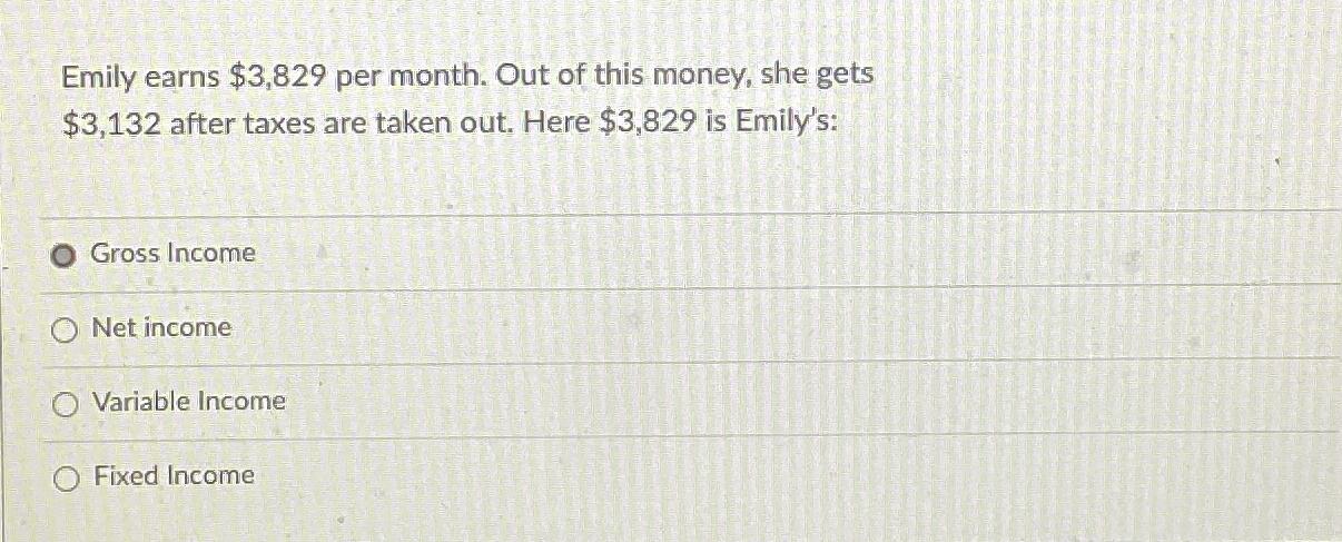 Solved Emily earns $3,829 ﻿per month. Out of this money, she | Chegg.com