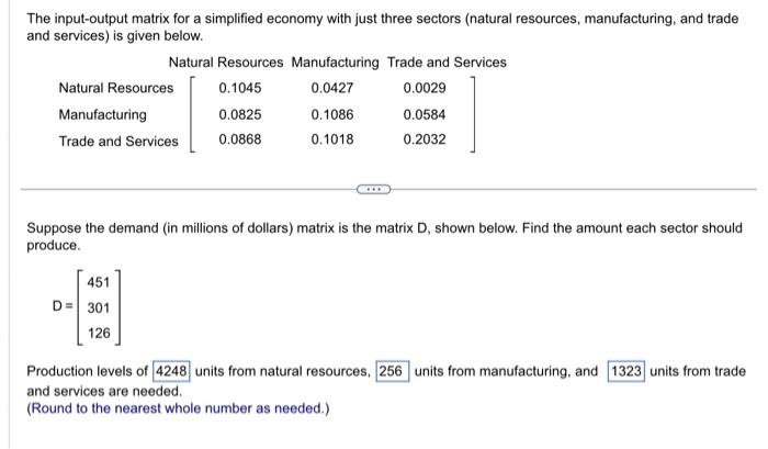 Solved The input-output matrix for a simplified economy with | Chegg.com