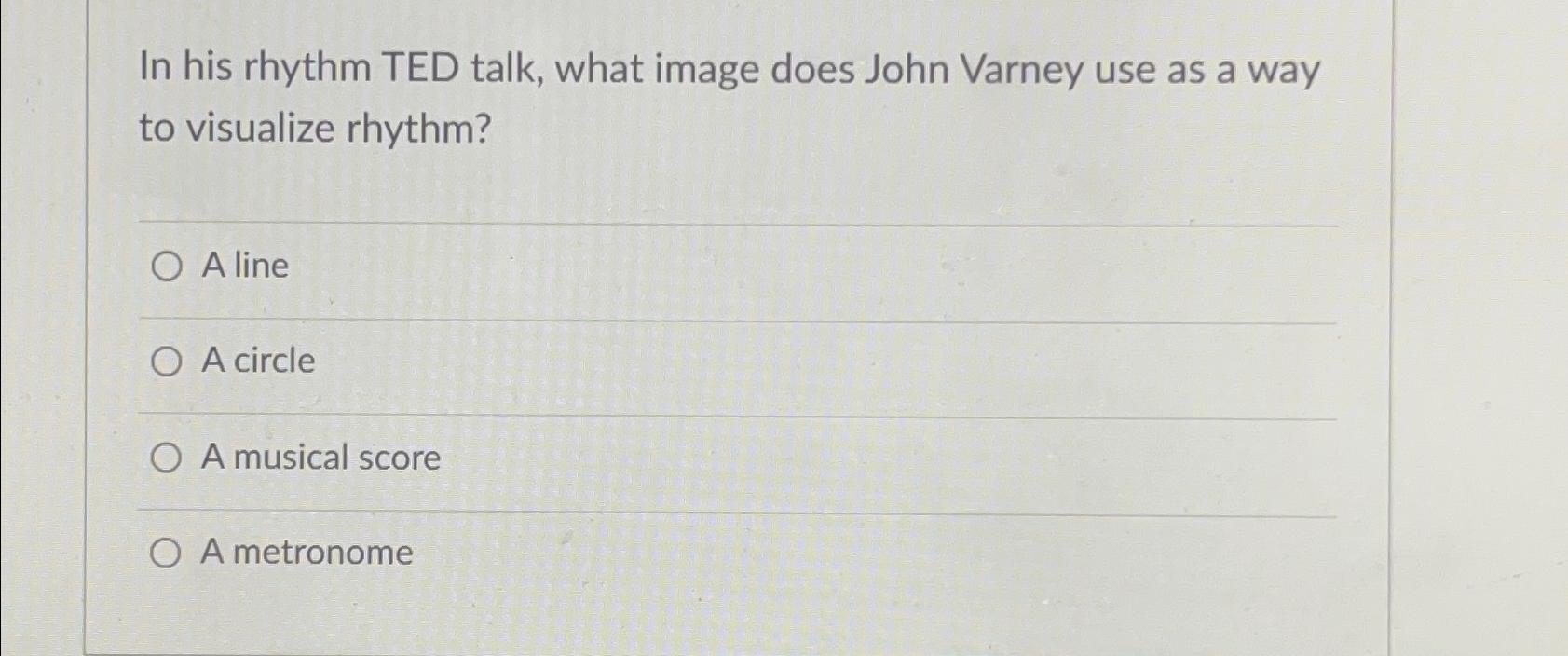 Solved In his rhythm TED talk, what image does John Varney | Chegg.com
