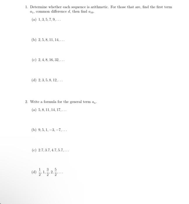 Solved 1. Determine whether each sequence is arithmetic. For | Chegg.com