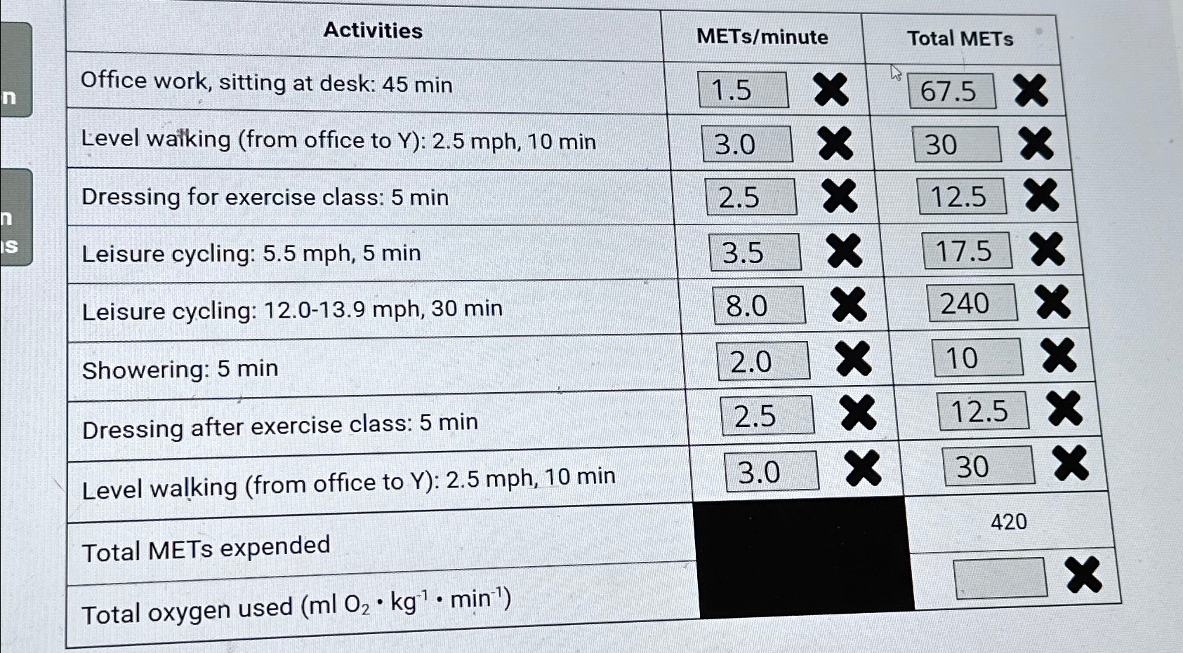 \table[[Activities,METs/minute,Total METs],[Office | Chegg.com