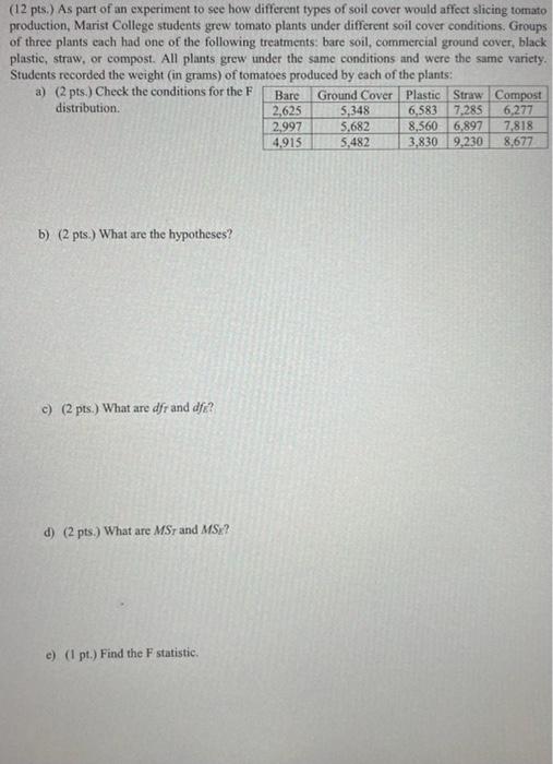 Solved (12 pts.) As part of an experiment to see how | Chegg.com