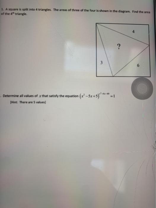 Solved 1. A square is split into 4 triangles. The areas of | Chegg.com