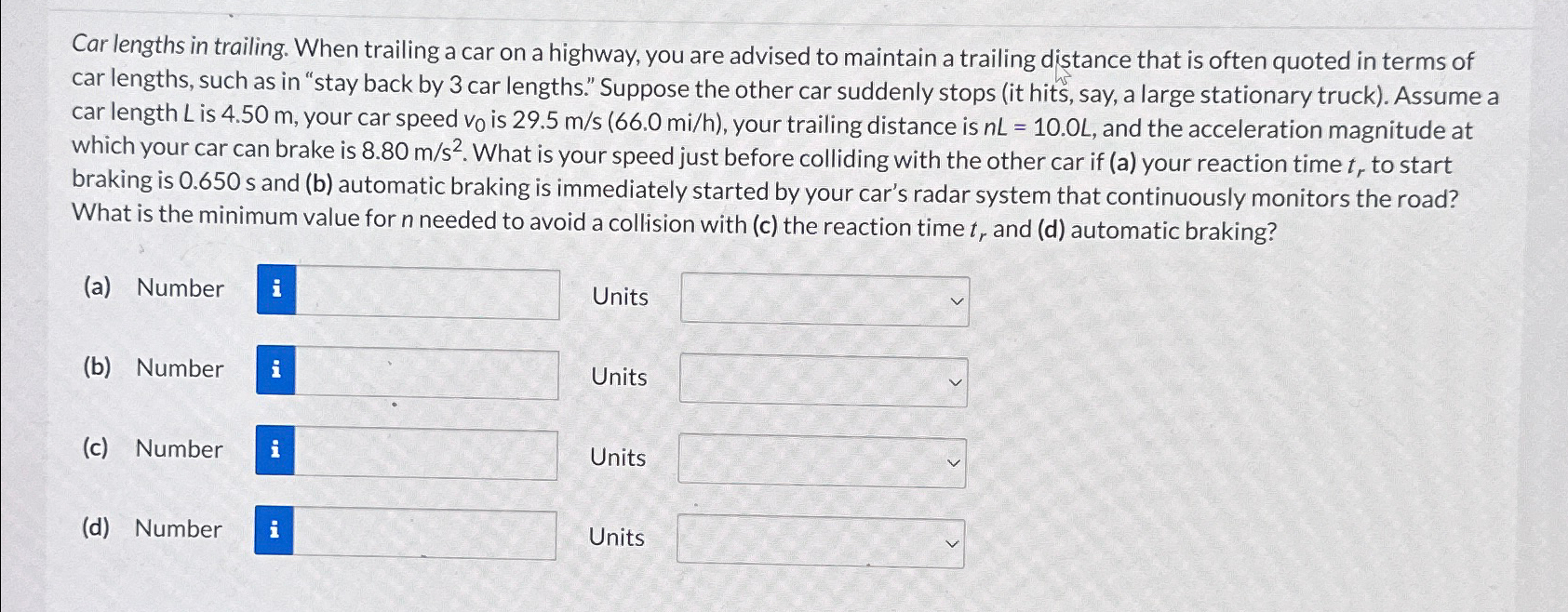 Solved Car lengths in trailing. When trailing a car on a | Chegg.com
