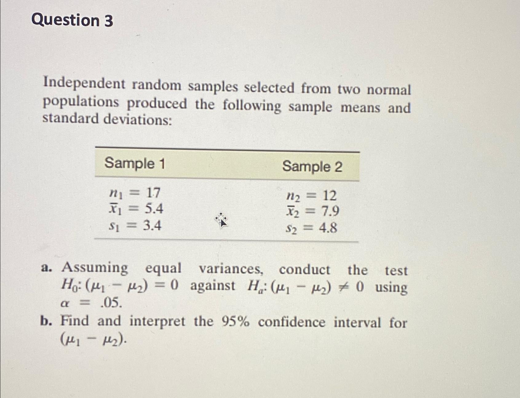 Solved Question 3Independent random samples selected from | Chegg.com