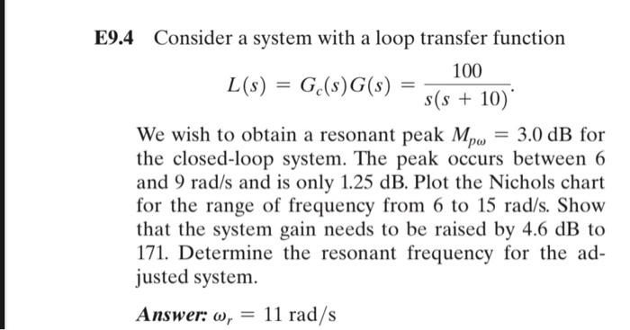 Solved E9.4 Consider a system with a loop transfer function | Chegg.com