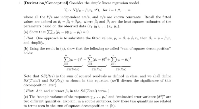 Solved 1. (Derivation/Conceptual] Consider the simple linear | Chegg.com