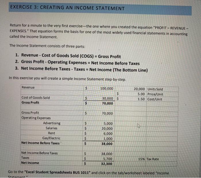 Solved EXERCISE 3: CREATING AN INCOME STATEMENT Return for a | Chegg.com