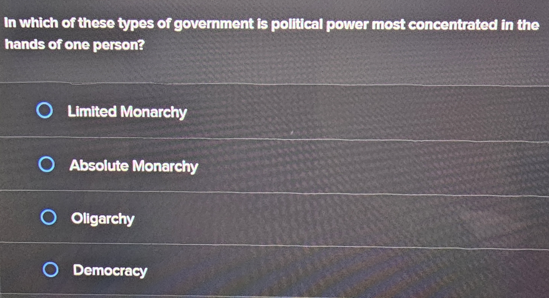 Solved In which of these types of government is political | Chegg.com