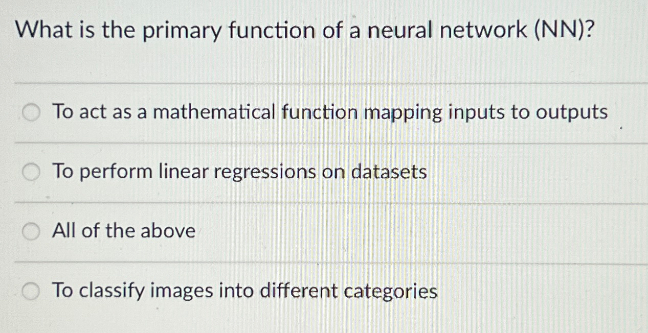 Solved What is the primary function of a neural network | Chegg.com