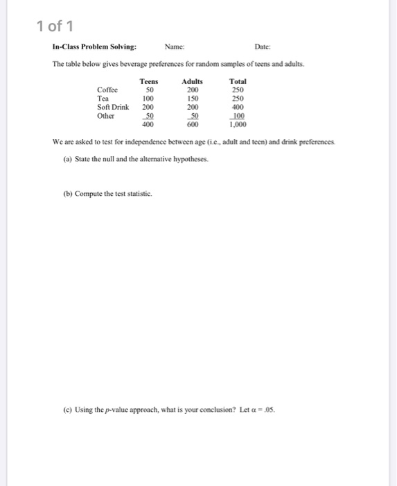 Solved 1 of 1 In-Class Problem Solving: Name: Date: The | Chegg.com