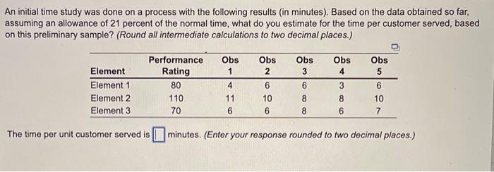 Solved An initial time study was done on a process with the | Chegg.com