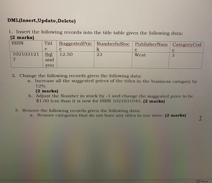Solved DML(Insert, Update, Delete) 1. Insert the following | Chegg.com
