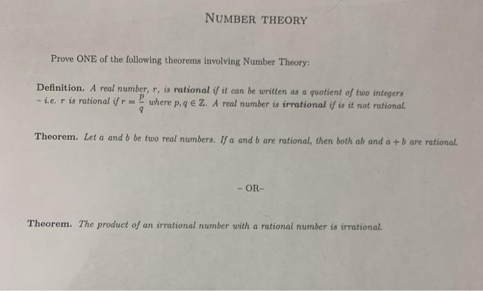 Solved NUMBER THEORY Prove ONE of the following theorems | Chegg.com