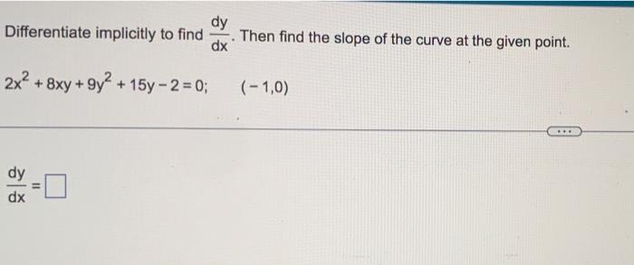 Solved Differentiate implicitly to find dy/dx. Then find the | Chegg.com