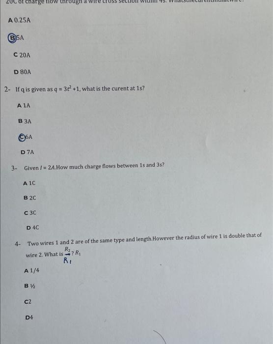 Solved A 0.25 A (B) 5 A C 20A D 80 A 2- If q is given as | Chegg.com