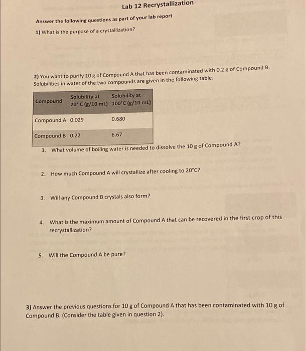 Solved Lab 12 Recrystallization Answer the following | Chegg.com