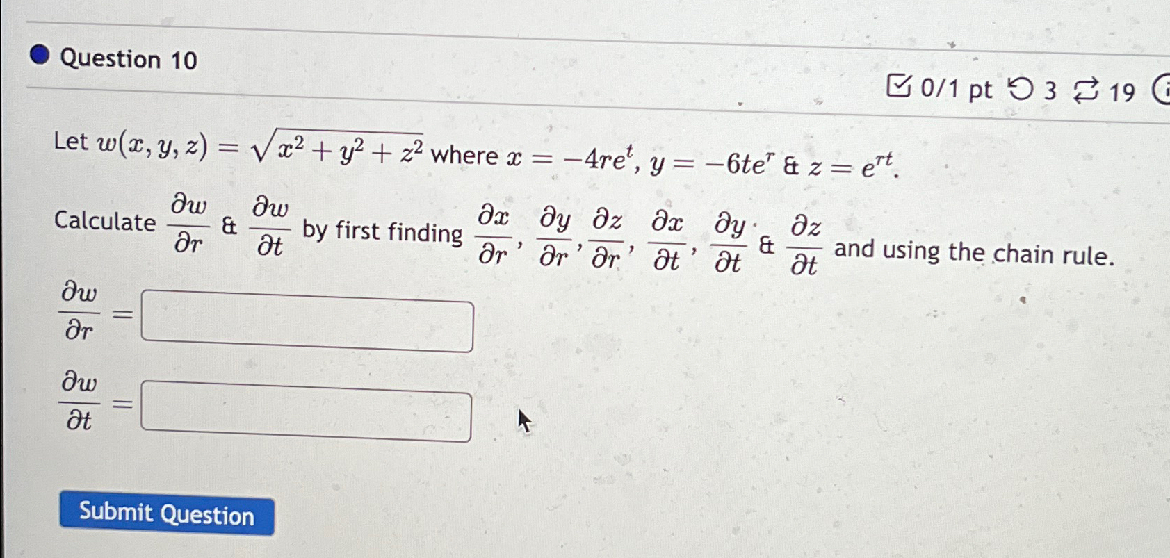 Solved Question 10『0/1 ﻿pt 3:19Let w(x,y,z)=x2+y2+z22 ﻿where | Chegg.com