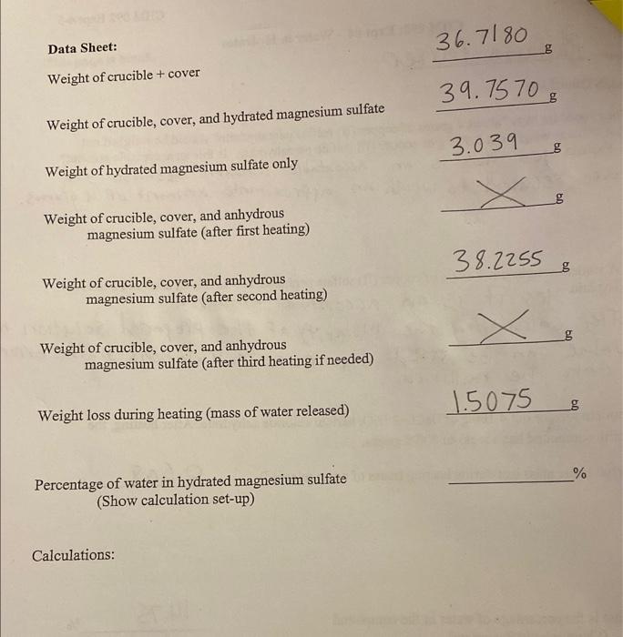 Solved Data Sheet: Weight of crucible + cover 36.7180 g | Chegg.com