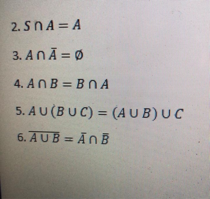 Solved 2. SNA= A 3. A NĀ= 0 4. ANB=BA 5. AU (BUC) = (AUB) UC | Chegg.com