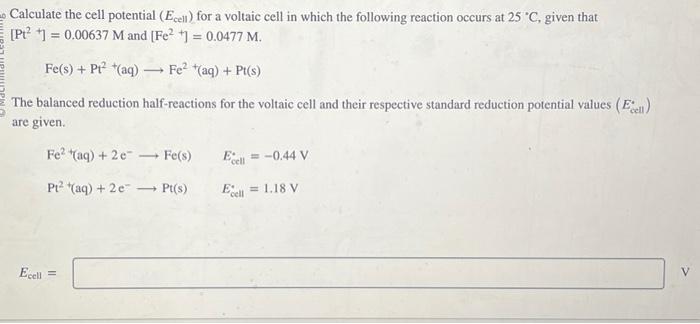 Solved Calculate The Cell Potential Ecell For A Voltaic
