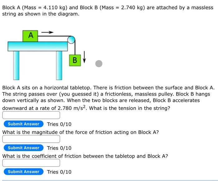 Solved Block A( Mass =4.110 kg) and Block B (Mass =2.740 kg) | Chegg.com