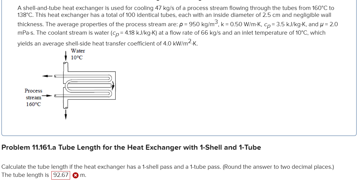 Solved Problem 11.161.a Tube Length for the Heat Exchanger | Chegg.com