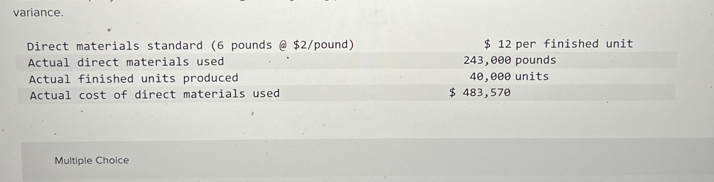 Solved variance.Direct materials standard (6 ﻿pounds @ | Chegg.com