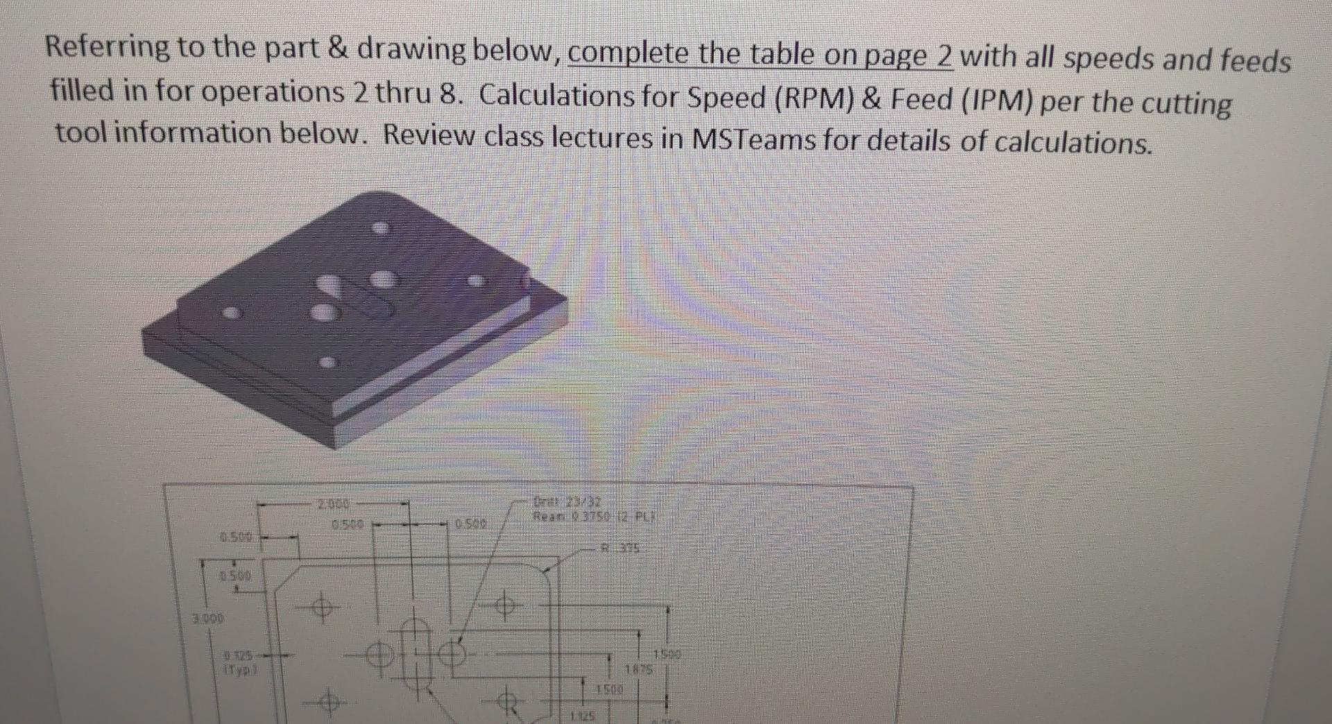 Solved Calculate the spindle speed and feed rate for the | Chegg.com