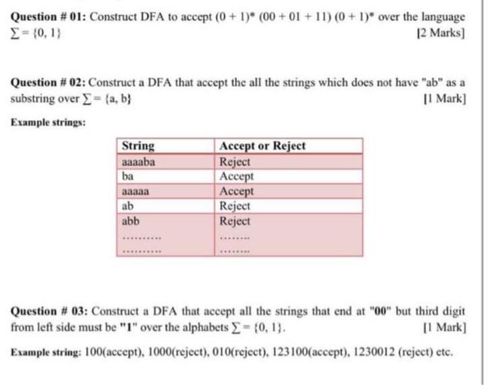 Solved Question 01 Construct Dfa To Accept