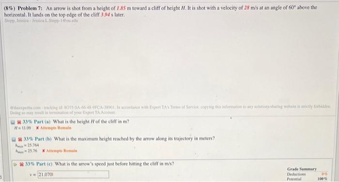 Solved (8\%) Problem 7: An arrow is shot from a height of | Chegg.com