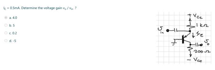 Solved IC=0.5 mA. Determine the voltage gain v0/vin ? a. 4.0 | Chegg.com