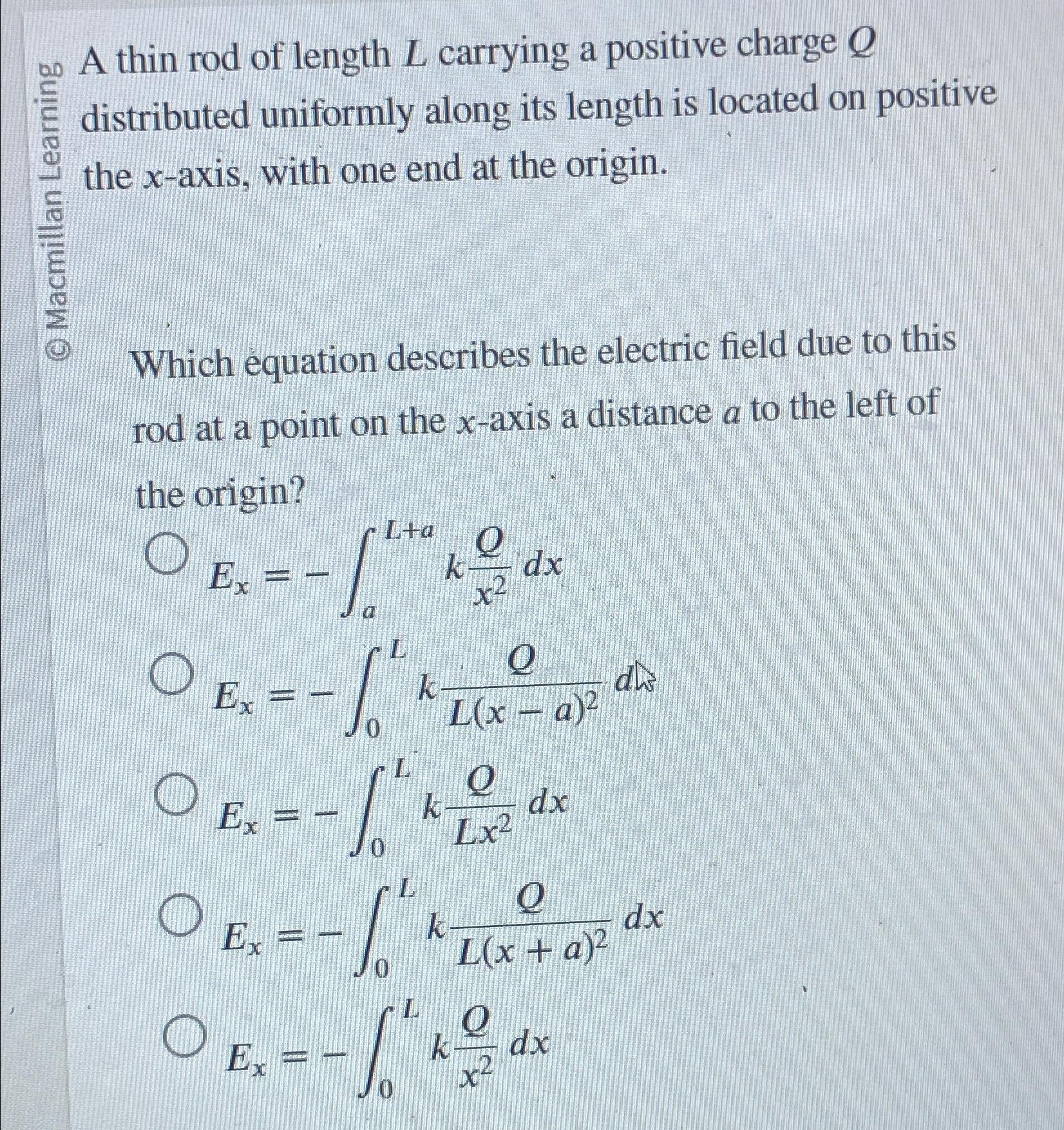 Solved A A thin rod of length L ﻿carrying a positive charge | Chegg.com