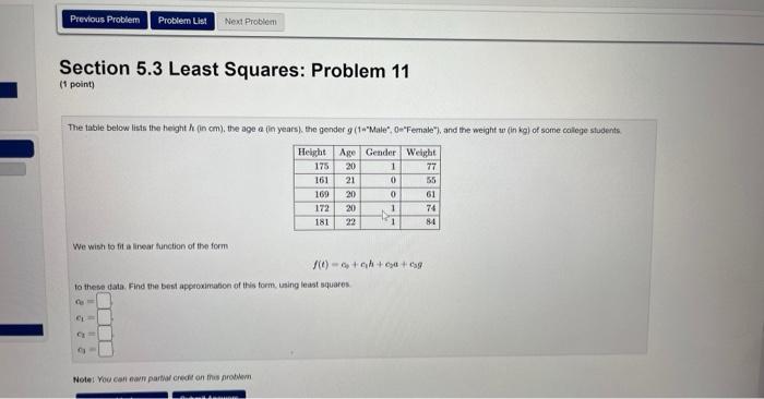 Solved Section 5.3 Least Squares: Problem 11 (1 point) The | Chegg.com