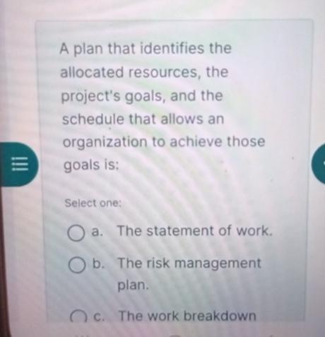 Solved A plan that identifies the allocated resources, the | Chegg.com