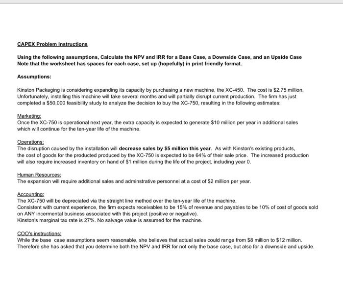 Solved CAPEX Problem Instructions Using the following | Chegg.com
