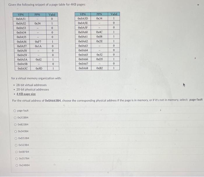 Solved Given the following snippet of a page table for 4 KB | Chegg.com