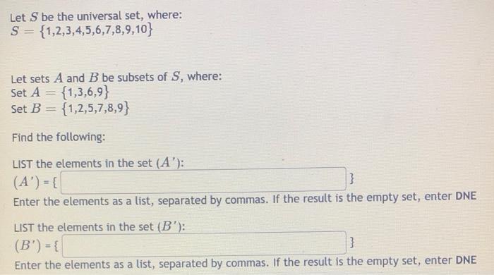 Solved Let S be the universal set, where: | Chegg.com