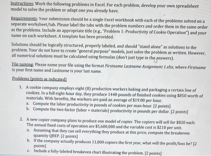 Solved Instructions: Work the following problems in Excel. | Chegg.com